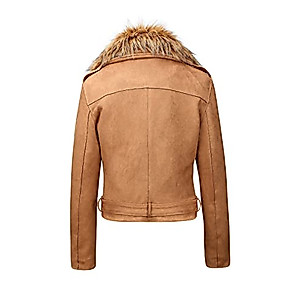 Bellivera Women's Faux Leather Suede Short Jacket Motocycle Sherpa-Lined Coat with Removable Fur Collar 8830 Brown L