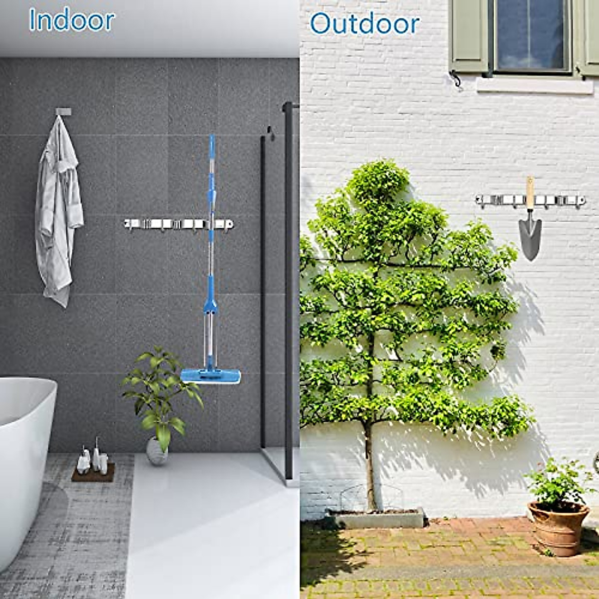 Nlmyt 2Pcs Broom Holder Wall Mount, Broom Organizer Wall Mount, Stainless Steel Mop Holder, Broom Hanger, Heavy Duty Broom Rack for Home, Garage, Garden, Laundry Room (3 Racks 4 Hooks)