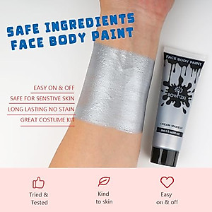 Bowitzki Face and Body Paint 2oz Cream Makeup 60ml Water Based Face Painting Special Effects For Adults Children Kids Halloween Christmas Party Stage Cosplay (Silver)