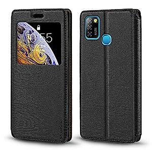 Infinix Smart 5 Case, Wood Grain Leather Case with Card Holder and Window, Magnetic Flip Cover for Infinix Smart 5