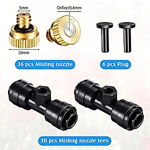 Misting Nozzles Kit Include Water Misting Nozzle Tees Thread 1/4 Inch and Brass Orifice Nozzle with Black Plug for Outdoor Spray Cooling System (72 Pieces in Total)