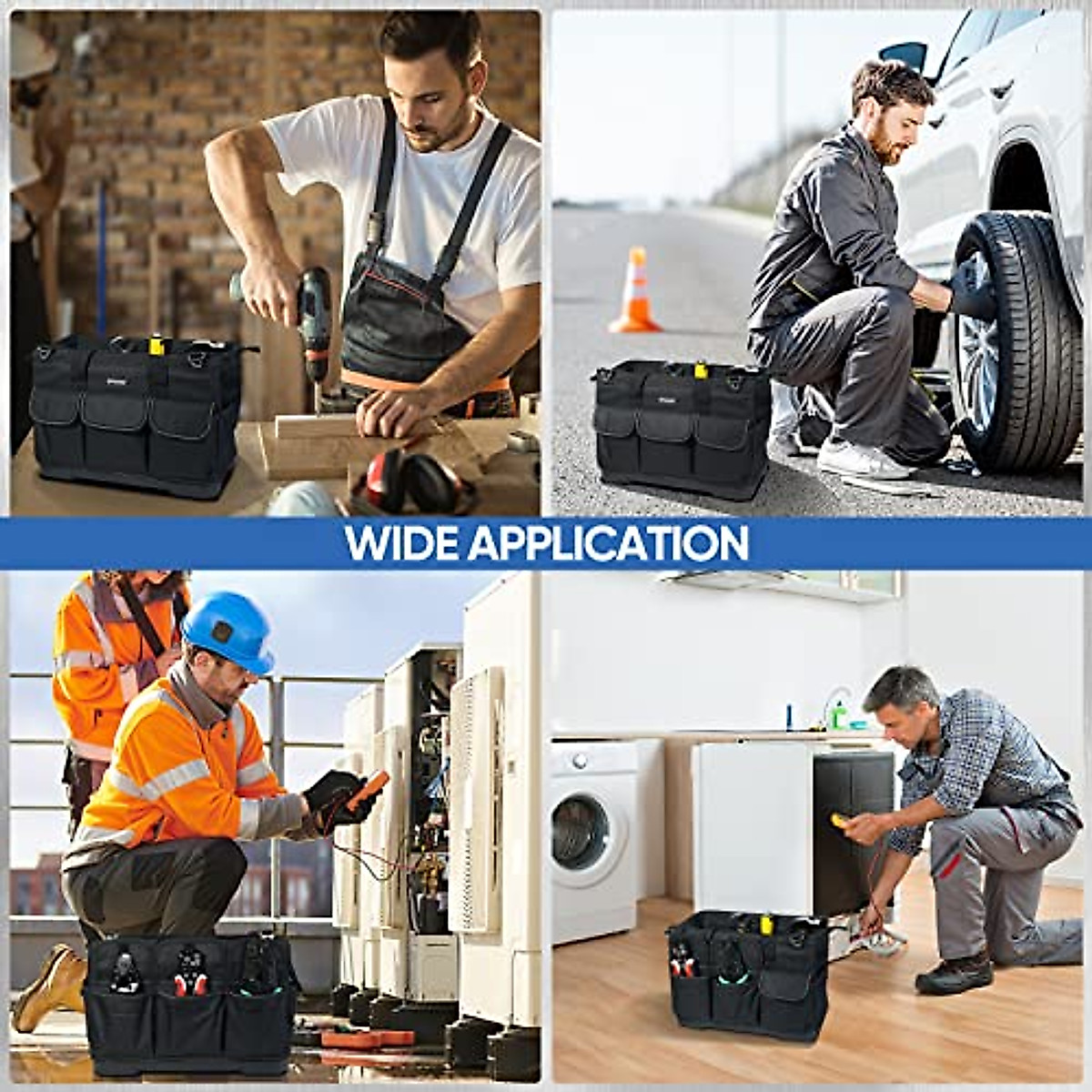 TICONN 16in Tool Bag with Waterproof Molded Bottom, Multi-Pockets Wide Mouth Tool Tote with Safety Reflective Straps, Adjustable Shoulder Strap