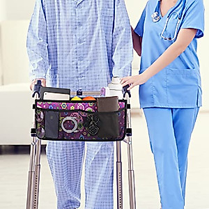 Walker Basket Foldable Walker Storage Bag with Two Split Boards and Six Non-Slip Straps Big Capacity Walker Basket Tote Organizer Never Tipping Over Ideal for Senior, Universal Size (PurpleButterfly)