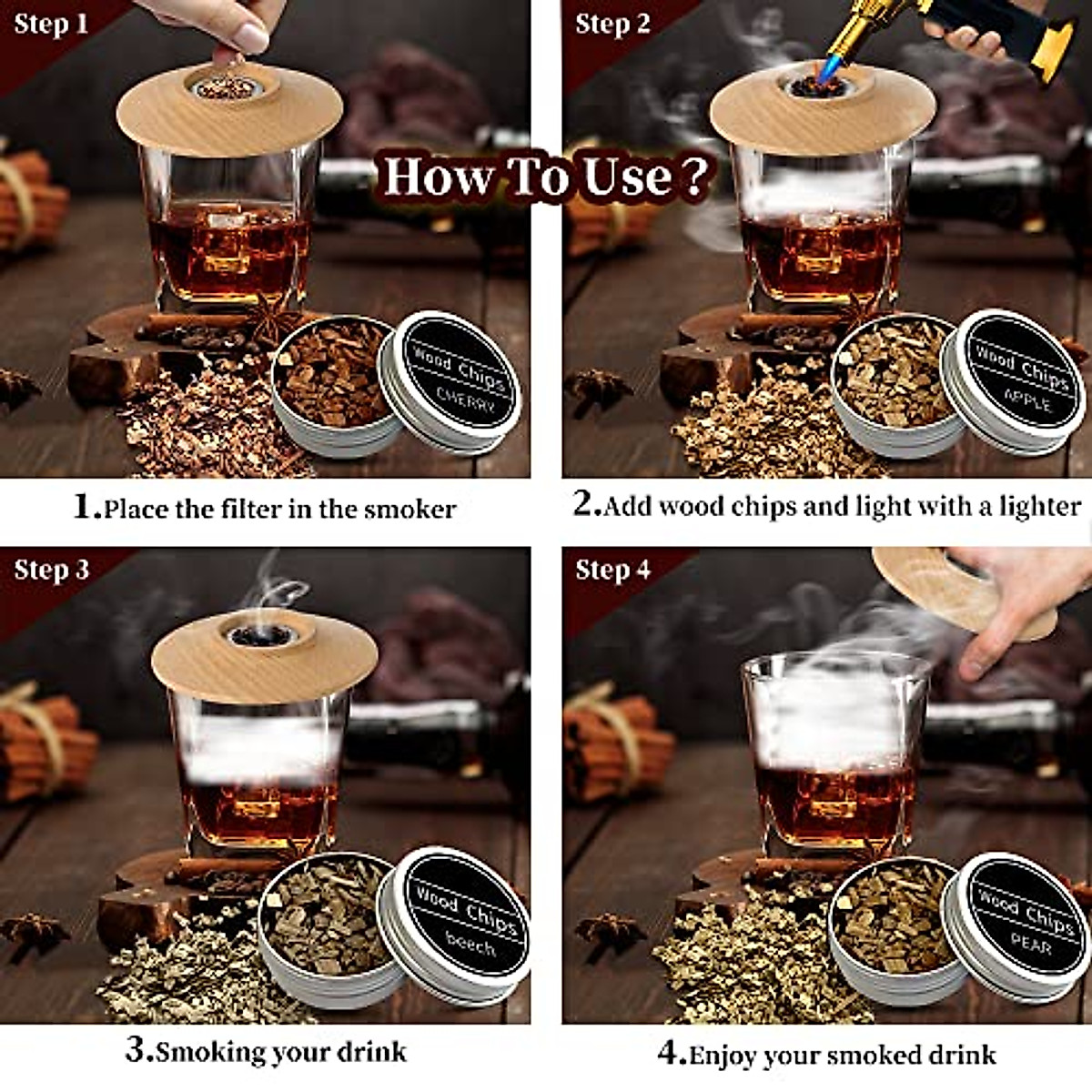 Longing Home Cocktail Smoker Kit, Whiskey Smoker Kit with 6 Kind Wood Chips, Bourbon Smoker Kit, Smoked Old Fashioned Kit, Gift For Father,Husband and Boyfriend (No Butane)