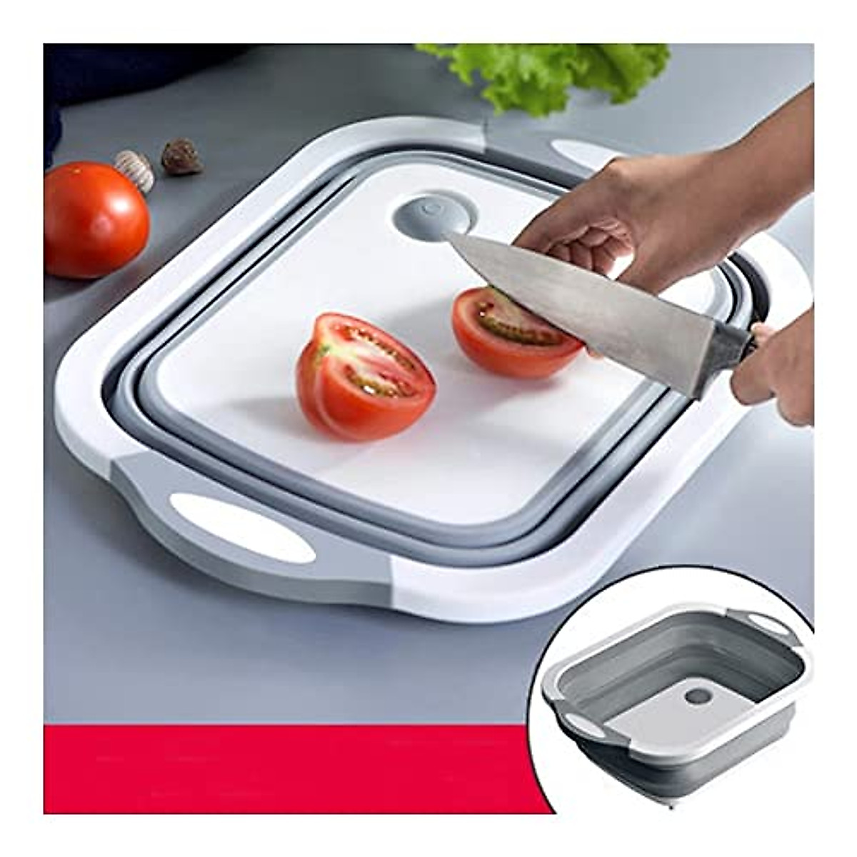 MMOOCO Chopping Board, Folding Cutting Board Washable Vegetables Multifunction Drain Basket Camping Kitchen Storage Organizer Kitchen Chopping Board (Color : Grey)