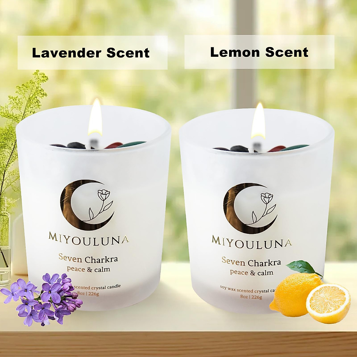 MIYOULUNA Lavender Aromatherapy Candle with Crystals, 8oz 100% Natural Soy Wax, 40H Burn, Ideal Scented Gift for Women, Moms, and Men - Great for Birthdays and Home Relaxation