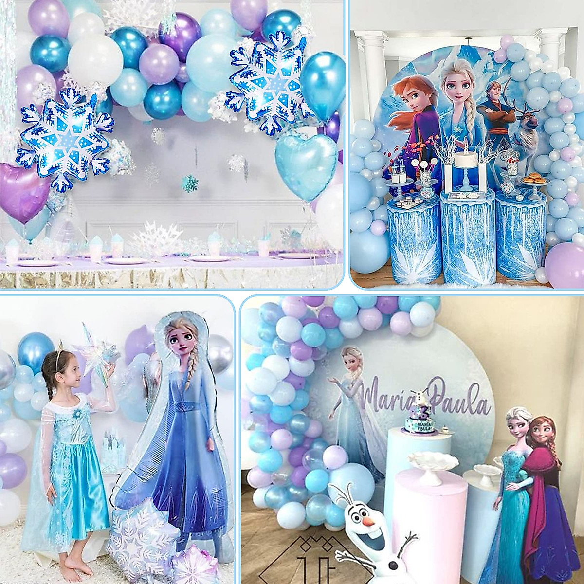 Frozen Birthday Party Supplies, Frozen Party Decorations 82 PCS Include Frozen Backdrop Snowflake Balloon Garland Arch Kit, Elsa, Anna and Olaf Foil Balloon and Happy Birthday Banner for Kids Birthday