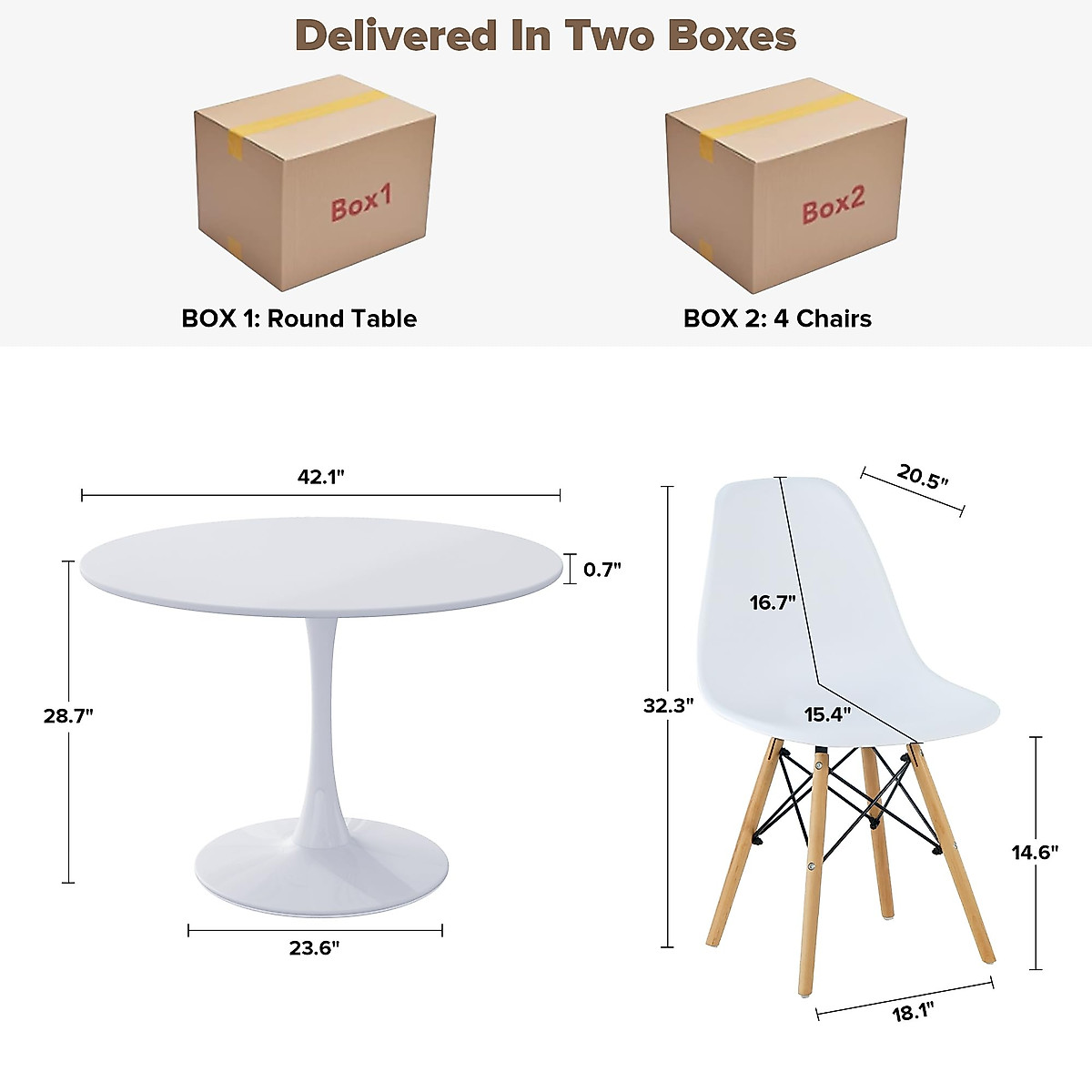 Ufurpie 5 Piece Dining Table Set, 42" Modern Round Dining Table and 4 DSW Chairs, Tulip Style Pedestal Base and Solid Wood Legs, Easy Assembled Dining Table Set for 4