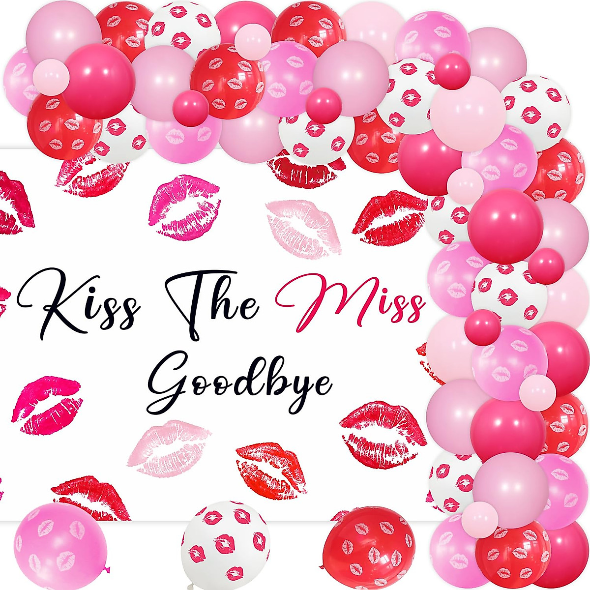 81Pcs Kiss the Miss Goodbye Bachelorette Decorations, Hot Pink Balloon Garland Arch Kit with Kiss the Miss Goodbye Backdrop Red Lips Balloons for Hen Party Bridal Shower Party Suppiles