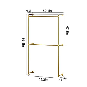 96.5”H Wall Mounted Clothe Rack, Gold Industrial Pipe Clothing Rack with Shelves Closet Rods System for Hanging Clothes Rack Multi-purpose Heavy Duty Hanging Rod