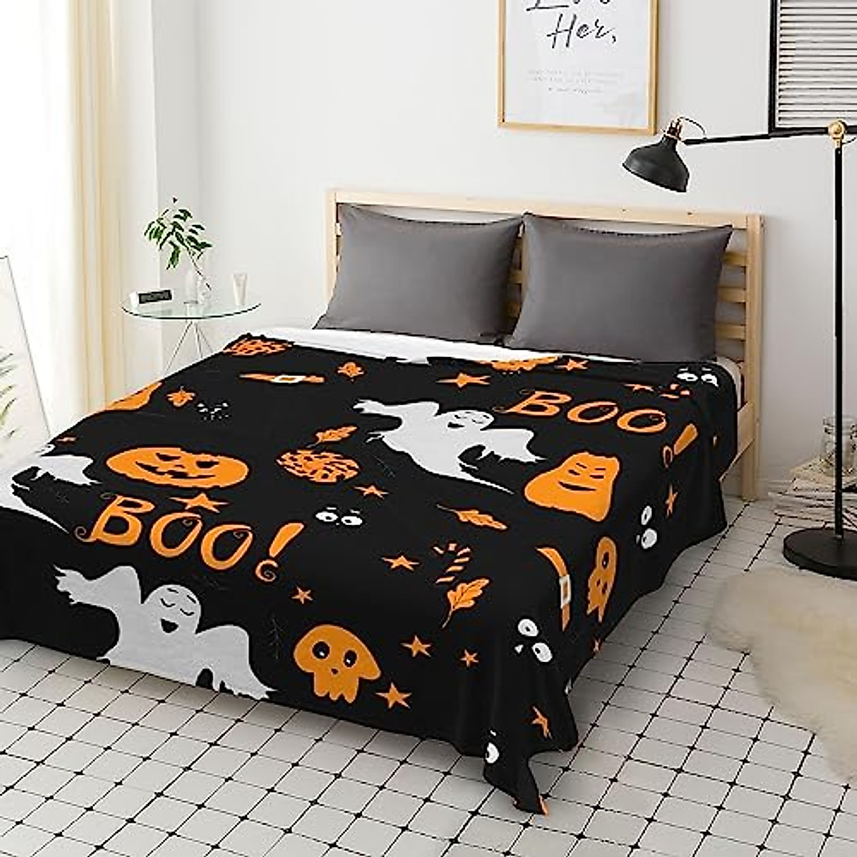 LAKIMCT Halloween Boo Blanket for Couch Bed Throw Blanket, Aesthetic Decorative Blanket for Travel Camping Comfy Blanket, Full Size Blanket, 70x80 inch