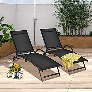 Tangkula Outdoor Patio Chaise Lounge Chairs, Reclining Lounge Chairs with 5-Position Adjustable Backrest & Breathable Fabric, Outdoor Recliner Chairs for Lawn, Poolside & Backyard, Set of 2 (2, Black)