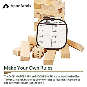 ApudArmis 60 PCS Giant Tumble Tower, (Stack up to 5Ft) Pine Wooden Stacking Timber Game with 1 Dice Set - Classic Block Giant Outdoor Game for Kids Adults Family