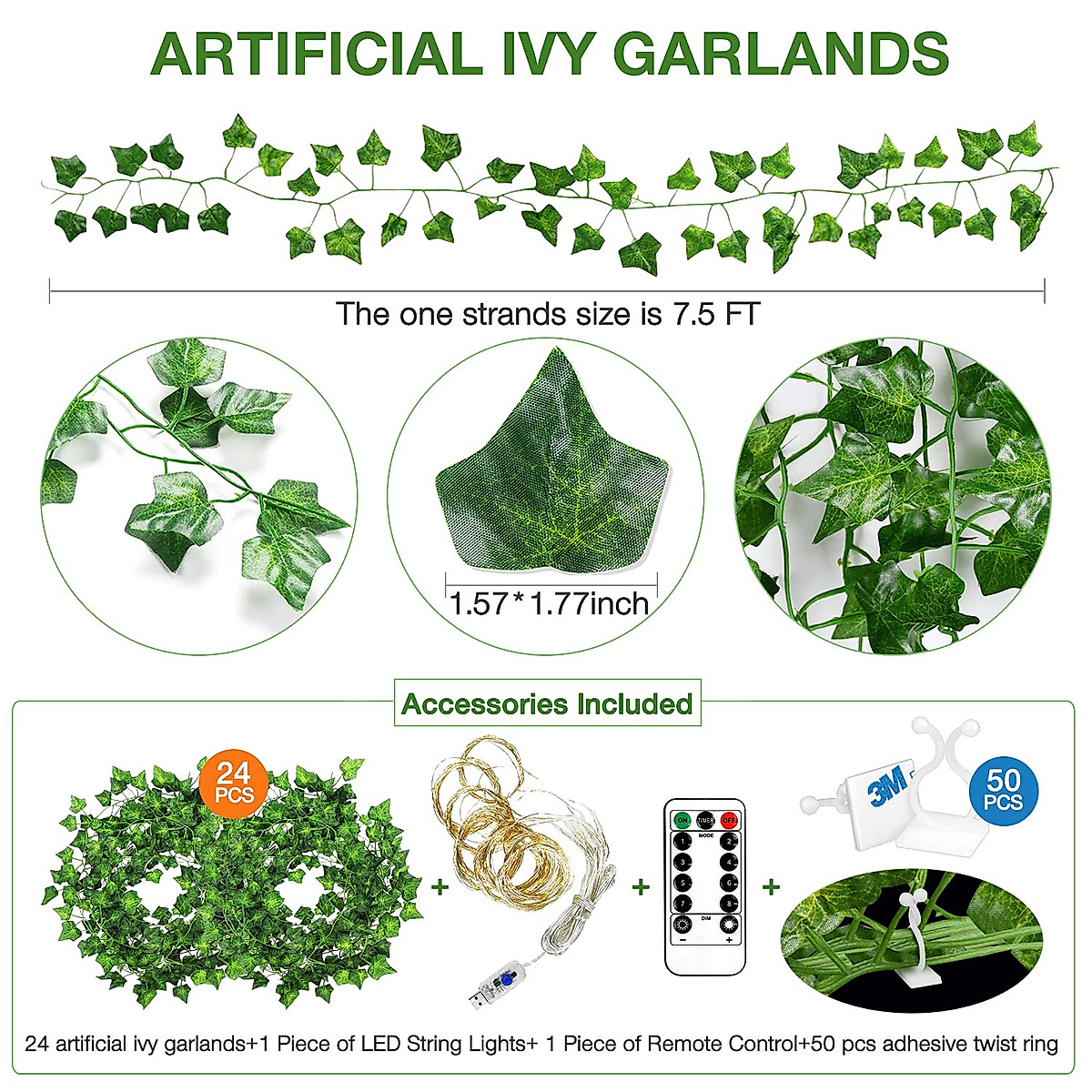 300 LED Curtain String Light with 24 Pcs 180 Feet Fake Vines Artificial Ivy and 50 Pcs Invisible Wall Vines Fixing Clips for Wedding Party Home Garden Bedroom Wall Decorations