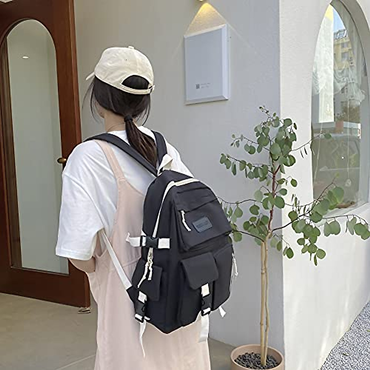 sikiwind Women Fashion Travel Canvas Contrast Color Backpack Large Rucksack (Black)