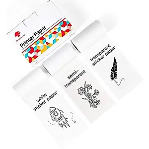 Phomemo Adhesive Thermal Sticker Paper,White/Transparent/Semi-Transparent Thermal Printer,for Phomemo M02/M02 Pro/M02S/M03/M03AS/M04S Bluetooth Thermal Pocket Printer, 50mm-53mm Width,2.5m-3.5m Length