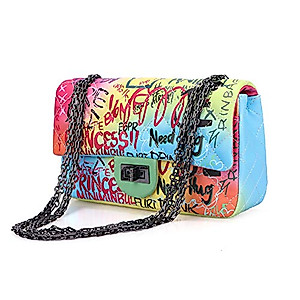 Wxnow Small Crossbody Bags for Women & Girls Handbags Satchels for Teen Girls Shoulder Bags Purses for Ladies with Chain Strap Yellow Graffiti
