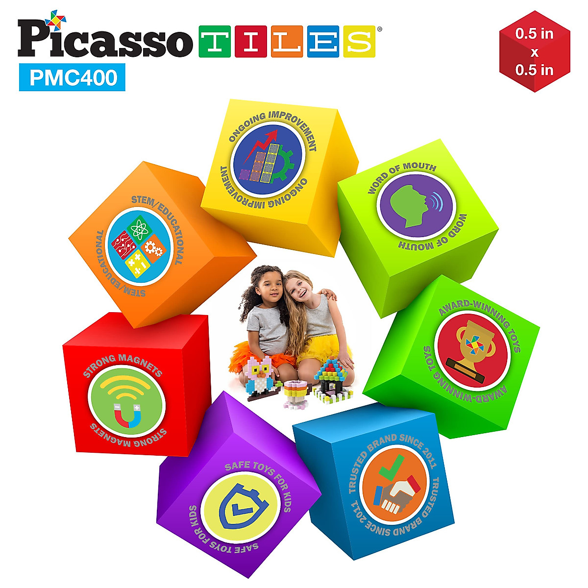 Picasso Cubes 0.5” Pixel Magnetic Puzzle Cube 400 Piece Mix & Match Sensory Toys STEAM Education Learning Building Block Magnets Children Construction Toy Set Stacking Magnet Creative Kit PMC400