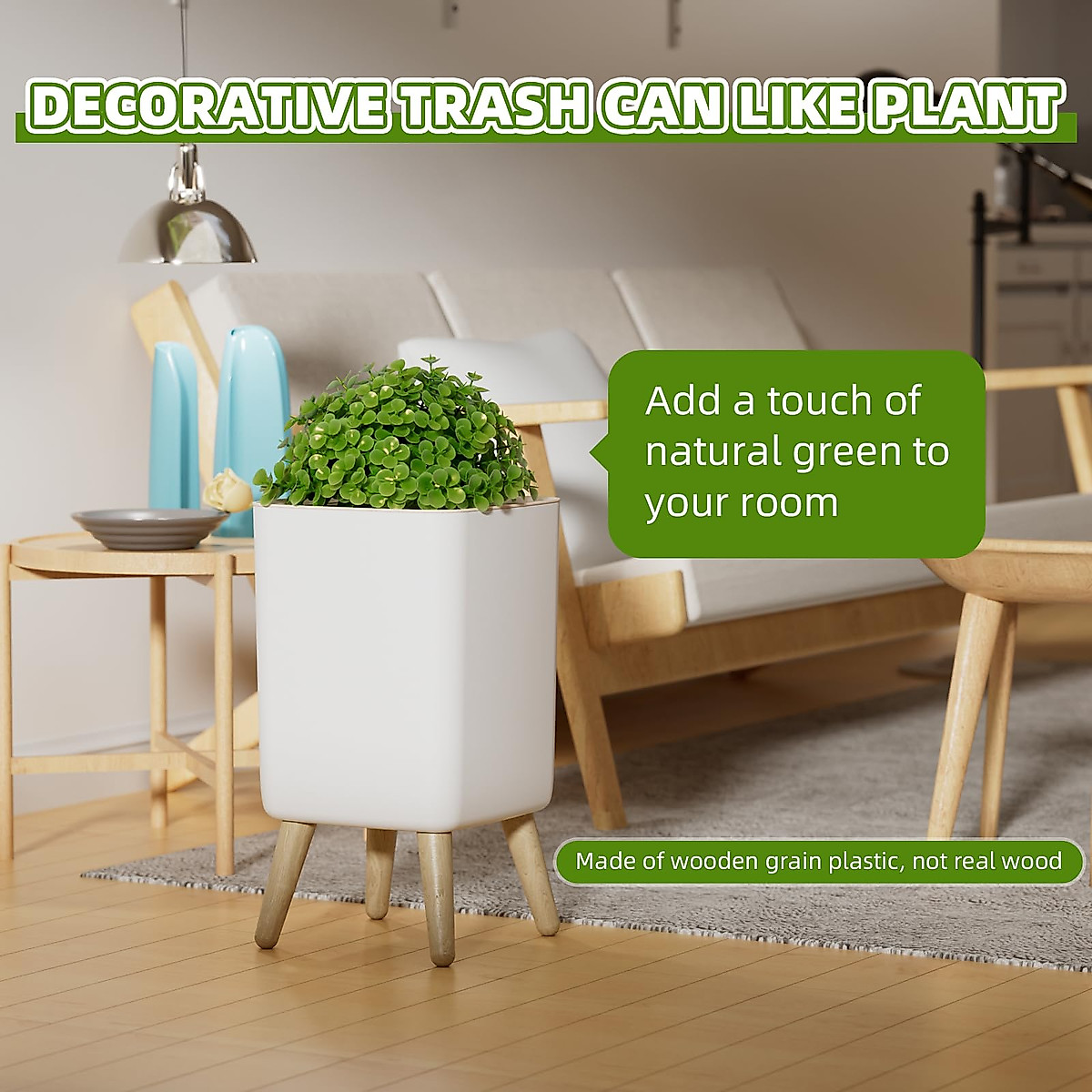 TODAYGO Nordic Trash Can with Plant Styled Lid, 2.6Gal/10L Small Bathroom Trash Can Dog Proof, Decorative Modern Plastic Waste Basket for Office, Study Room, Outside Pet Waste Container,Cream White