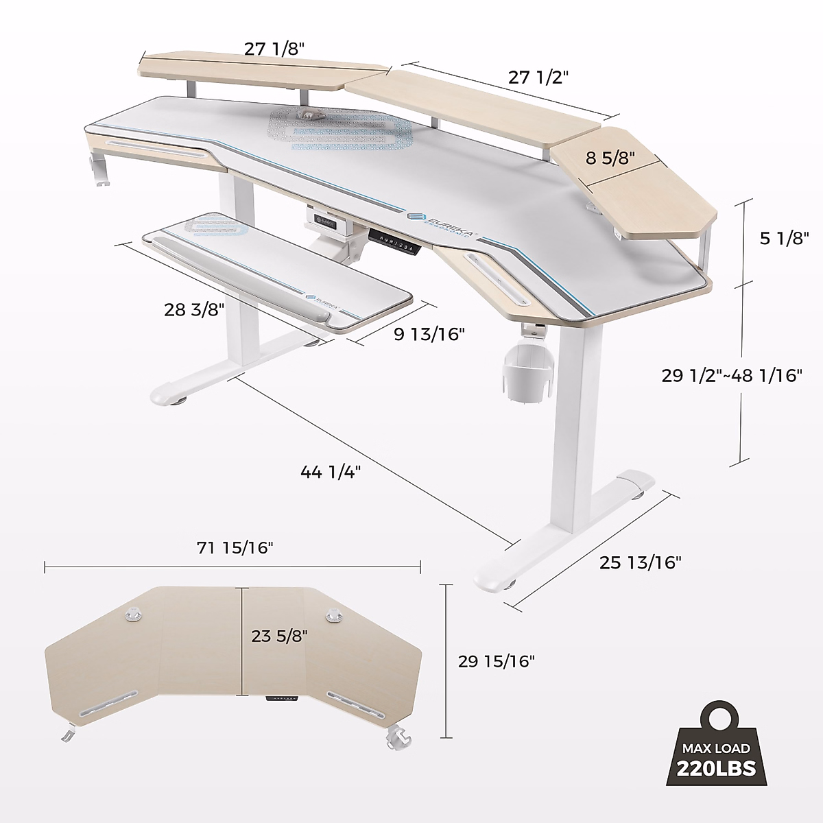 EUREKA ERGONOMIC Standing Desk with Keyboard Tray, Gaming Desk, Wing Shaped Sit Stand Desk 72'' Large Music Studio Desk, LED Convertible Shelves, Dual Motor&Slot, Maple, X-Large (ES71)