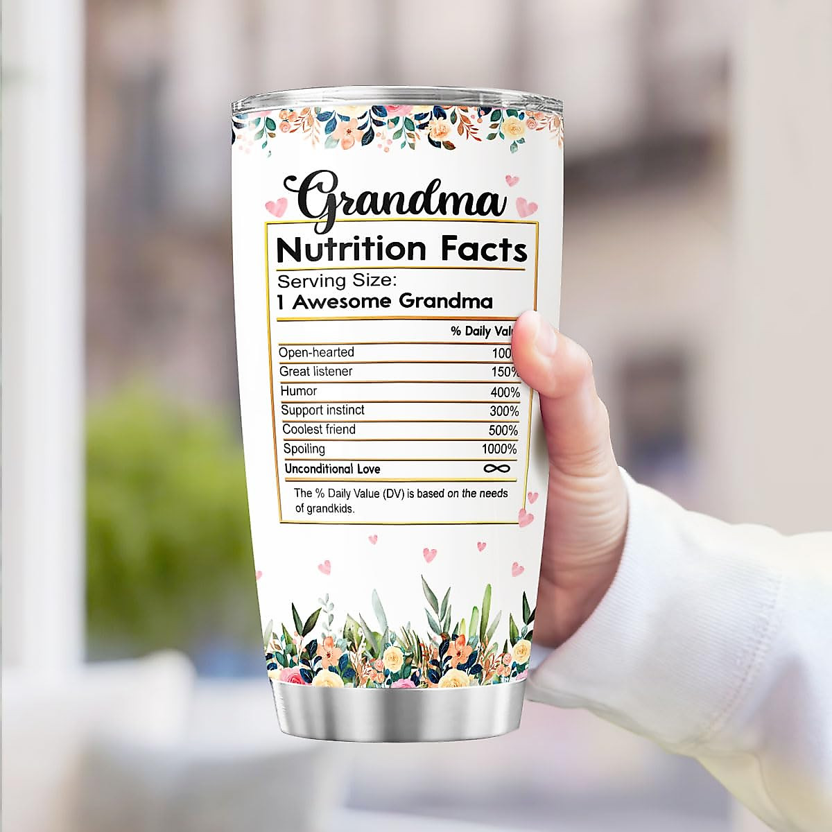 JENOIS Grandma Gifts, Tumbler 20 Oz With Lid And Straw, Coffee Flower Tumblers Granny Floral Cups Water Nana Handle Cup, Grandma Nutrition Facts