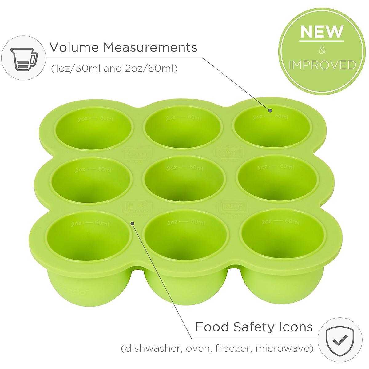 Kiddo Feedo Baby Food Freezer Tray with Silicone Clip-On Lid - Free E-Book by Award-Winning Author/Dietitian - Green