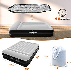 Queen Air Mattress with Built-in Pump/USB Rechargeable Detachable, JHUNSWEN 16" Raised Durable Inflatable Queen Air Mattress Built-in Pillow for Camping, Home & Guests, Easy Inflation/Deflation Airbed