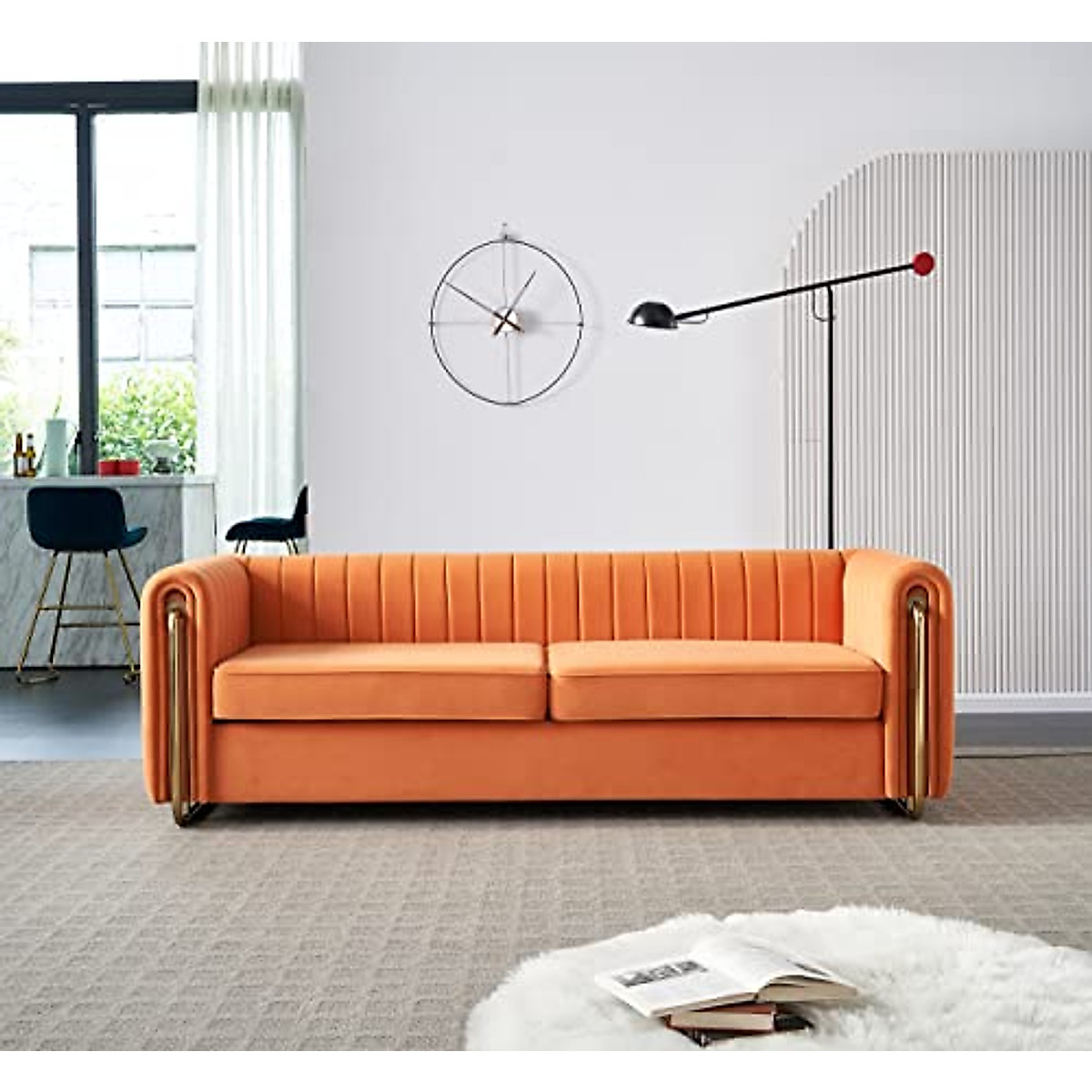 Melpomene Vertical Channel Tufted Velvet Sofa with Round Arm and Gold Metal Legs,Armrest 84.25" W（Orange）