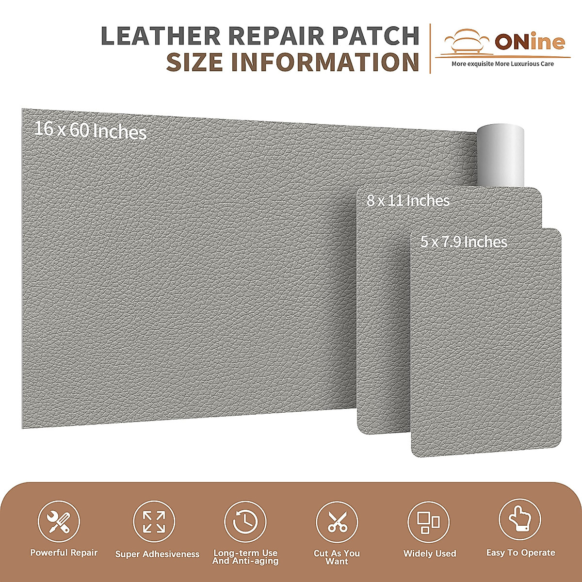 ONine Leather Repair Patch，Self-Adhesive Couch Patch，Available Anti Scratch Leather 5”X7.9”(12.7cm x 20cm) Peel and Stick for Sofas, Car Seats Hand Bags Jackets(Light Gray)