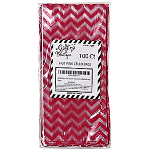 Gift Boutique 100 Valentine's Day Pink Cellophane Bags with Twist Ties for Birthday Wedding Anniversary Baby Shower Girl Favor Goody Treat Bags in Polka Dot, Stripes and Chevron Design