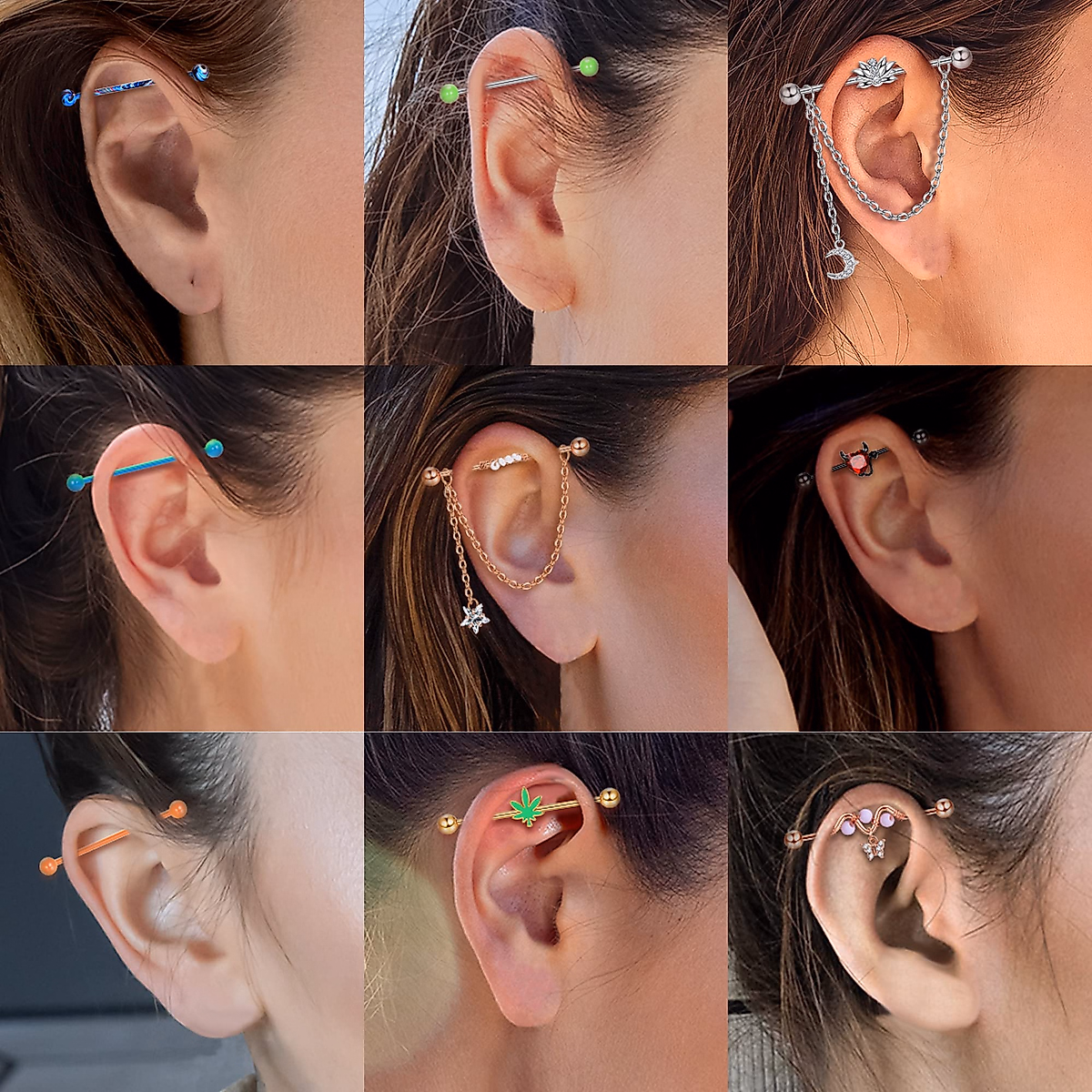 Sanfenly Industrial Piercing Jewelry 14G Stainless Steel Industrial Barbell Earrings with Chain Dangle Industrial Bar Piercing Cartilage Helix Industrial Earrings for Women Men