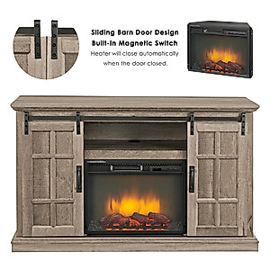 Unineo Farmhouse Fireplace TV Stand up to 65 Inch, Modern Entertainment Center Media Console with 24’’ Fireplace, Sliding Barn Door with Storage Cabinets, Adjustable Flame Effects, Remote Control, Oak