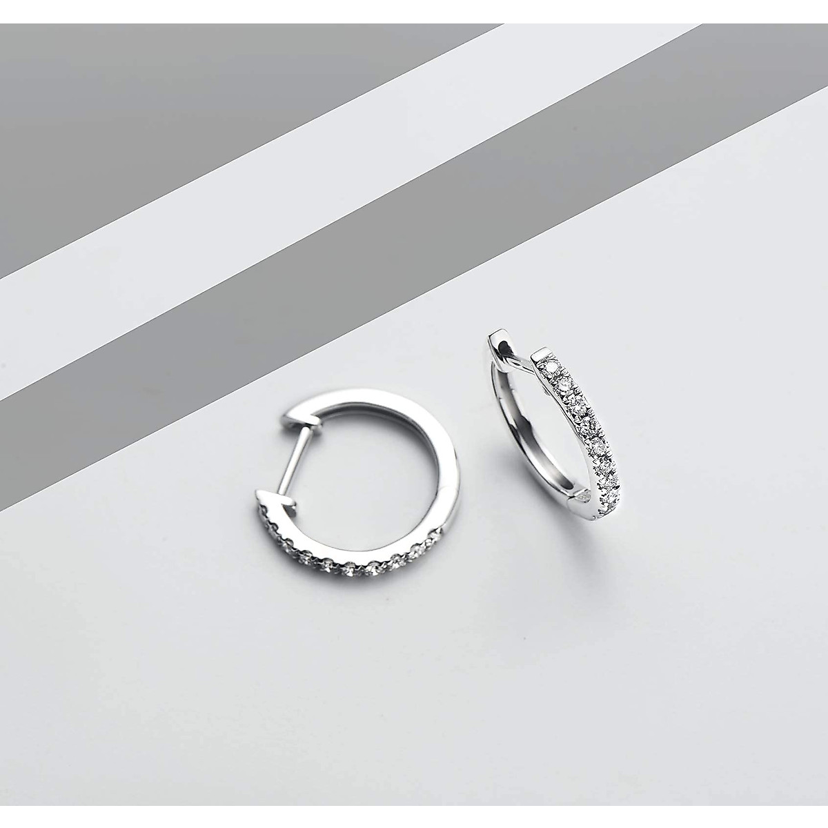 Carleen 14K Solid White Gold 0.2cttw Diamond Hoop Earrings Round Cut Small Tiny Cute Huggie Hinged Cartilage Hoop Earrings Fine Jewelry For Women, Diameter 3/5 inch (Color I-J,Clarity SI)