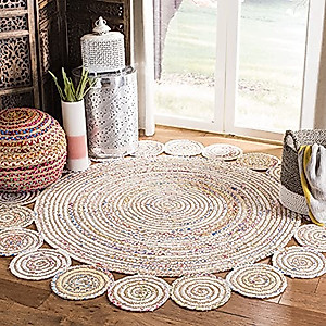 SAFAVIEH Cape Cod Collection Area Rug - 3' Round, Ivory & Multi, Handmade Boho Braided Jute & Cotton, Ideal for High Traffic Areas in Living Room, Bedroom (CAP211A)