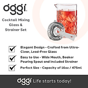 OGGI Cocktail Mixing Glass & Strainer Set - Elegant Bar Mixing Set with 16oz Glass Beaker, Essential Mixology Bartender Kit, Old Fashioned Kit, Includes Stainless Steel Hawthorne Strainer