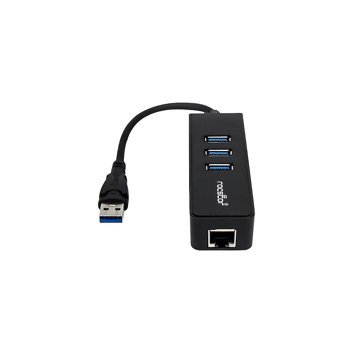 Rocstor Y10A179-B1 Premium 3 Port Portable USB 3.0 Hub with Gigabit Ethernet 10/100/1000– External Portable 3 Port USB Hub with GbE Adapter - Built-in Cable - USB, Black