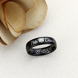 Prime Pristine Personalized Outside Inside Engraving Titanium Wedding Band Ring 6mm Black Polished Domed Ring