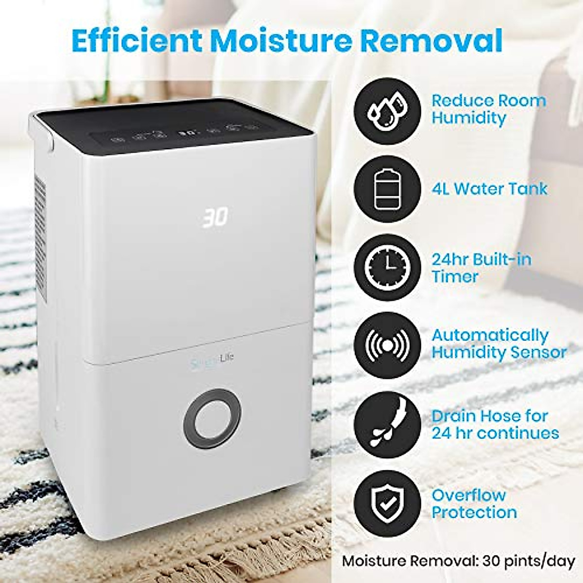 SereneLife 30-Pint Electric Home Compact Dehumidifier - 1500 Square Feet Quiet Electric Dehumidifiers For Home Closet Basement w/ 4L Water Tank Capacity, Removes - SLDEHU30