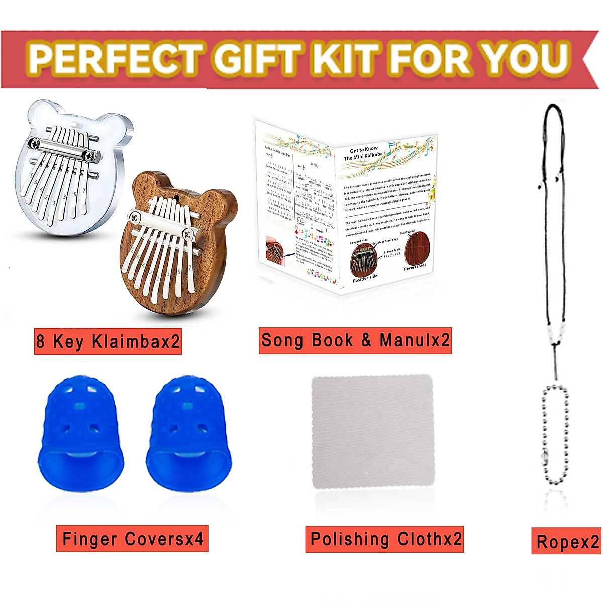 2 Pack Mini Kalimba Thumb Piano 8 Keys,Portable Solid Wood and Acrylic Mbira Finger Piano for Kids and Adults,Pocket Musical Gifts for Beginners w/Chain