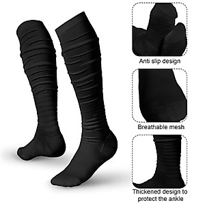 Chuarry 2 Pairs Scrunch Football Socks Non Slip Men Football Socks Extra Long Socks Soccer Socks Over The Knee Athletic (Black)