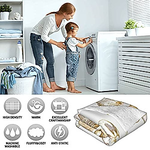 Blanket,Silver White with Light Gold Cherry Flowers Black Sakura Floral,Throw Blanket Lightweight Soft Warm Blanket Flannel Fleece Blankets for Couch Living Room 80"x60"