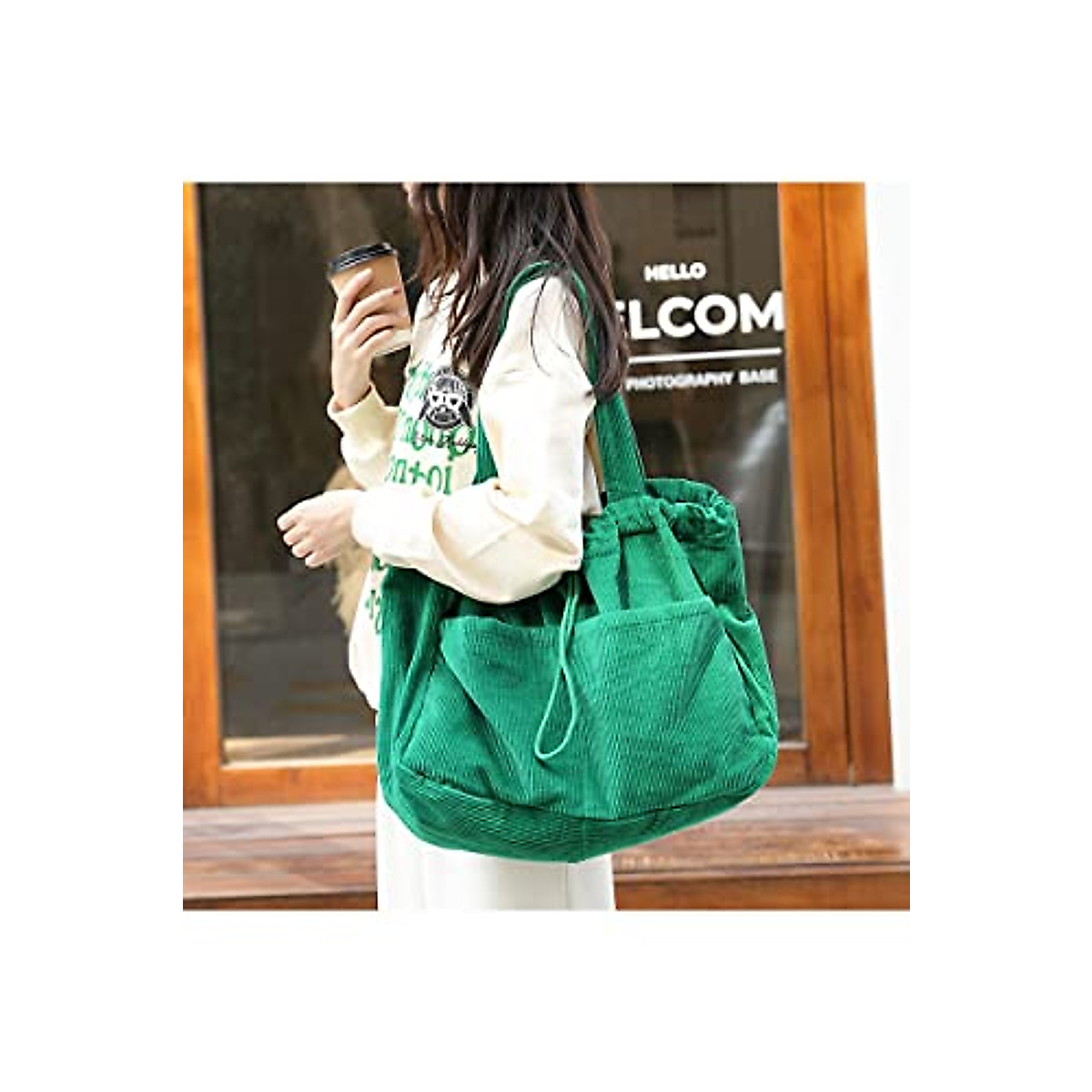 Ulisty Women Large Capacity Corduroy Drawstring Tote Bag Pockets Shoulder Bag Casual Handbag Hobo Bag Shopping Bag red