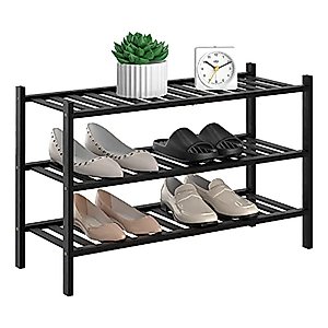 RONGJIA 3-Tier Natural Bamboo Shoe Rack - Stackable Storage Shelf with Multi-Function Combinations - Free Standing Shoe Racks for Convenient Shoe Organization（Black） 11" D x 27" W x 20" H