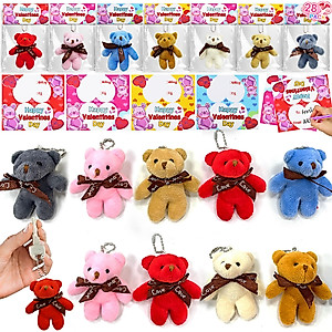 28 Pack Prefilled Bear Stuffed Toys with 7 Colors Plush Animals Keychain Toys Decoration Valentines Cards for Kids Valentines Day Classroom Gifts Exchange Prizes Party Favor