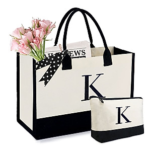 BeeGreen Personalized-Gifts-for-Women-Friend-Wedding Valentine's Day Initial Canvas Tote Bag Embroidery Monogram Bag, Birthday Gifts with Zipper Pockets for Her Mother Teacher Sister Coworker K