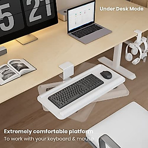 Tilt&Height Adjustable Keyboard Tray Under Desk&Above Desk - Klearlook 2 in 1 PU Leather Sit Stand Keyboard Riser w/360° Rotation, 25x11"Clamp-on Keyboard Stand Desk Extender w/Wrist Rest&Drawer-White