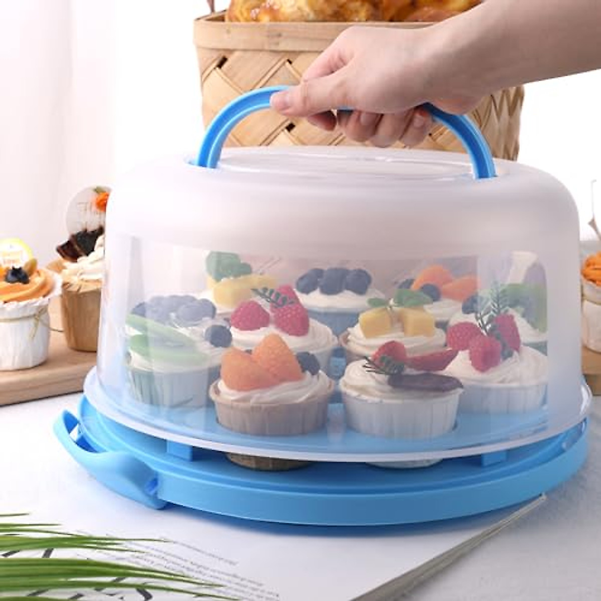 JOHOUSE Round Cake Carrier with Lid, Blue Cake Holder Cupcake Container with Dome for 11 Cupcakes 2 in 1 Portable Dessert Container for Cake Pie Muffin Cobbler