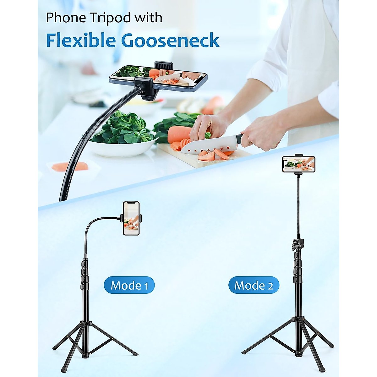 Phone Tripod, 80" Tall Tripod for iPhone with 13" Adjustable Gooseneck, Cell Phone Tripod with Remote and Phone Holder, Overhead Tripod Stand for iPhone 15 14 13 12 Android Phone