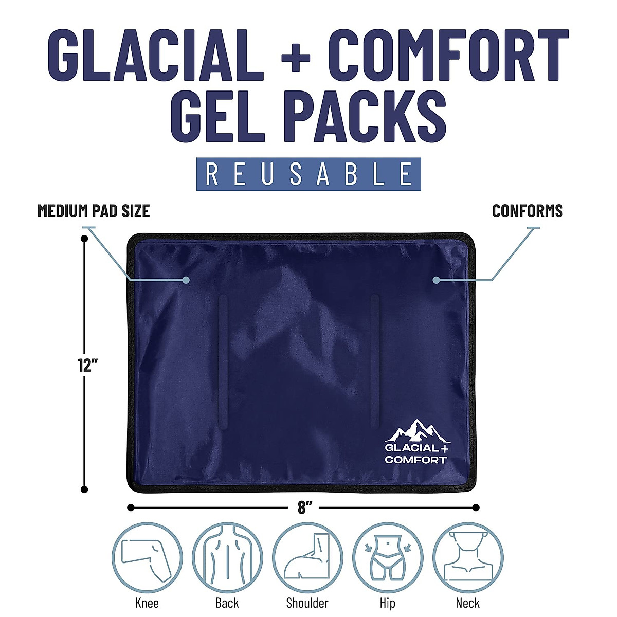 Glacial Comfort Gel Ice Pack for Injuries Reusable - (12" x 8") Cold Pads for Back Pain, Hip, Knee, Shoulder, Muscle Strains, Migraine & Postpartum Recovery with Flex Technology - Compression Pad.