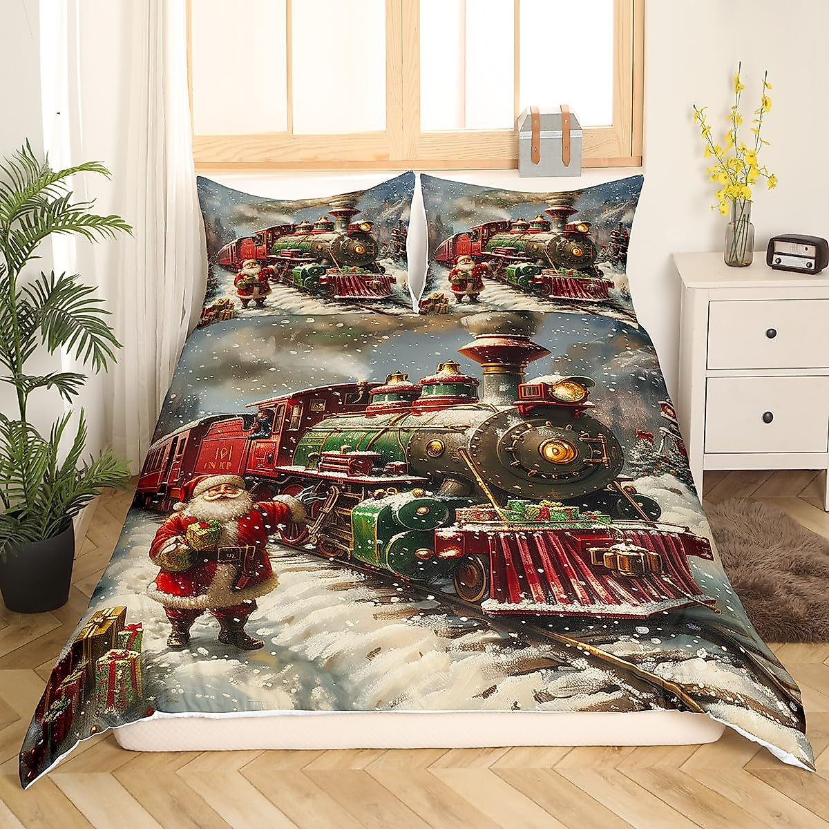 Retro Train Kids Duvet Cover Set Full Size,Snowflake Merry Christmas Santa Claus Bedding Set,Girls Boys Women Room Decor,Choochoo Steam Locomotive Country Quilt Cover,2 Pillowcases(No Comforter)